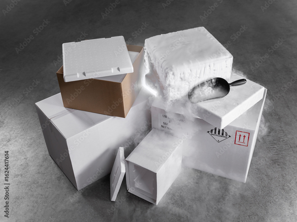 Poster Dry ice containers with heavy sublimation vapor and visible ...