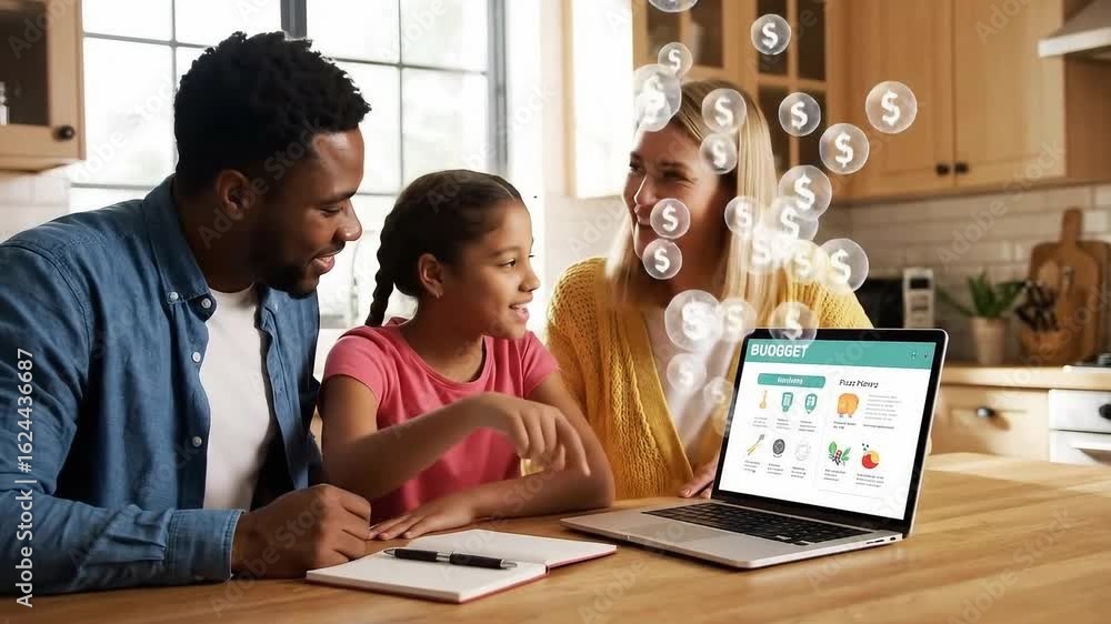 Family learning child budgeting laptop. Domestic financial education ...