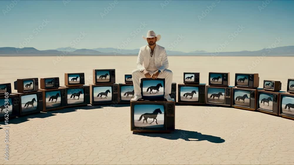 Man in white suit sits inside wide arc of old screens on sandy plain ...