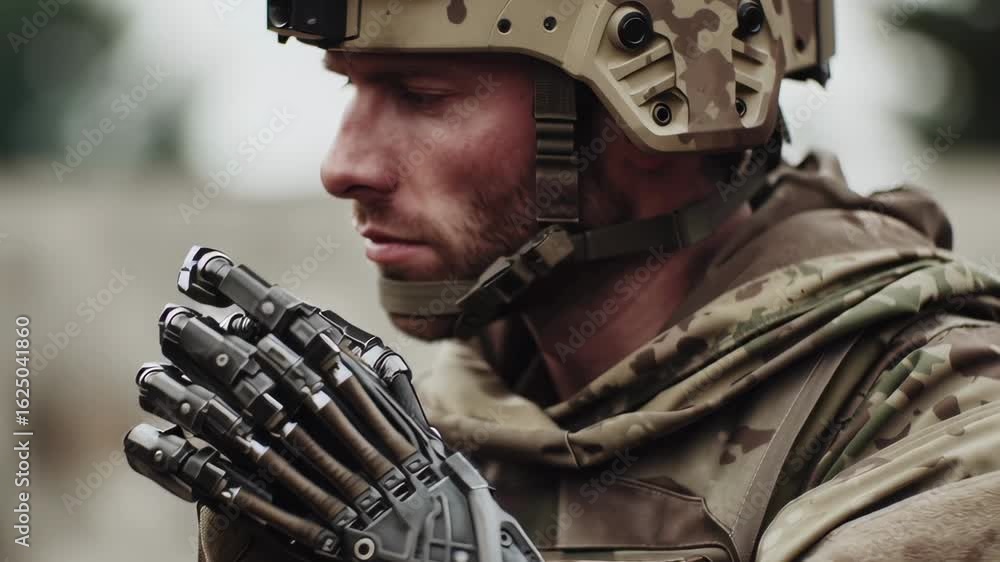 Soldier with robotic arm shows advanced military technology innovation ...