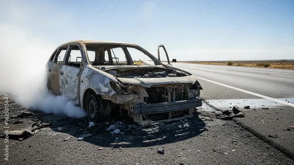 Car accident aftermath showing a wrecked car on roadside with smoke ...