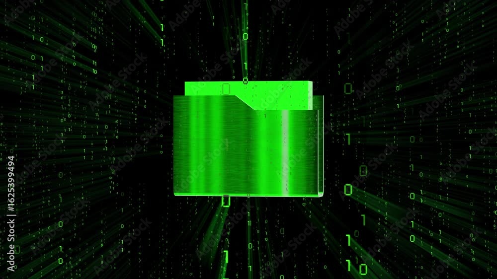 Rotating file folder icon and matrix effect binary code - digital data ...