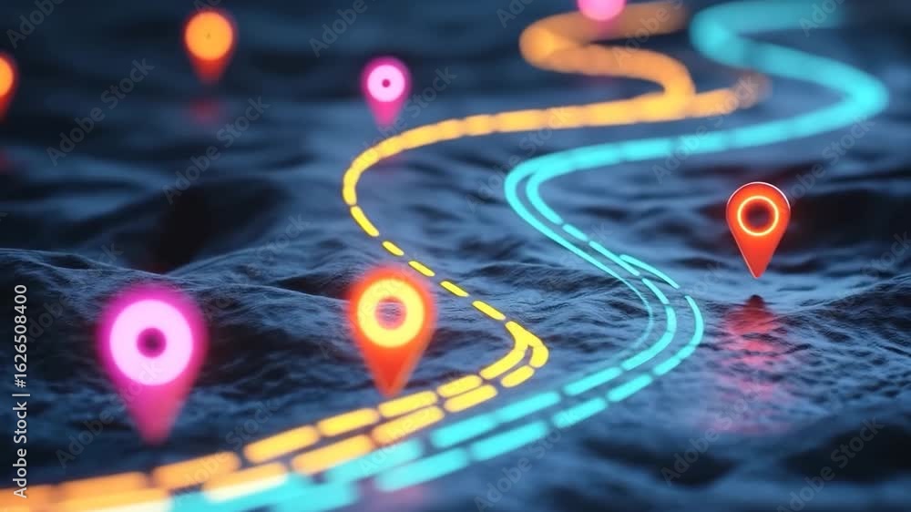Animated digital map with interconnected location pins, visualizing ...