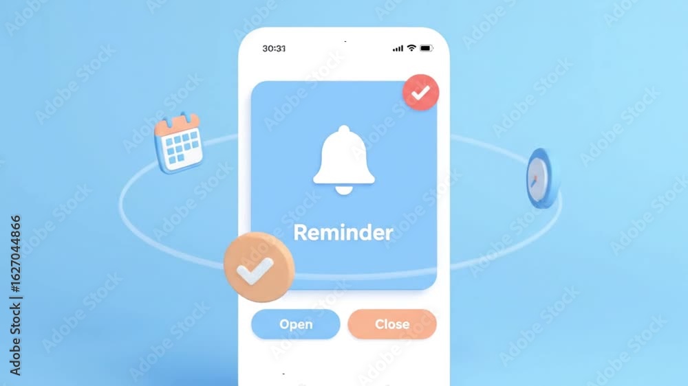 A phone displaying a reminder notification with floating icons on a ...