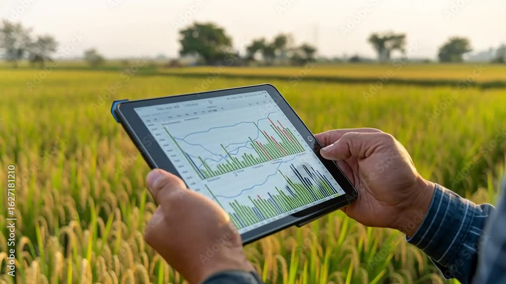 Farmer Using Tablet to Monitor Crop Health in Green Rice Field with ai ...