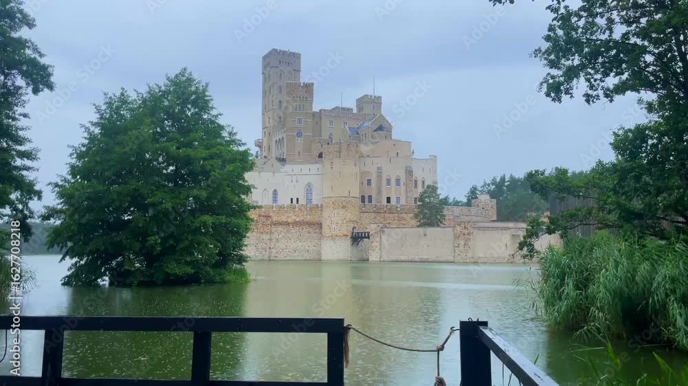 Ground footage of the unfinished Stobnica Castle in Poland, surrounded ...