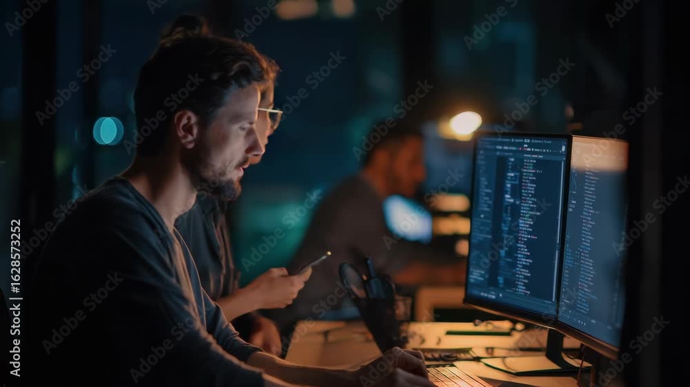 Two focused programmers or data analysts work intently on glowing dual ...