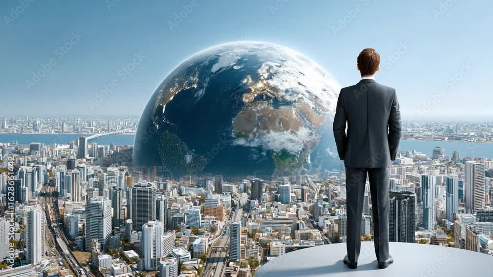 Global Perspective: A figure stands on the edge of a high-rise building ...