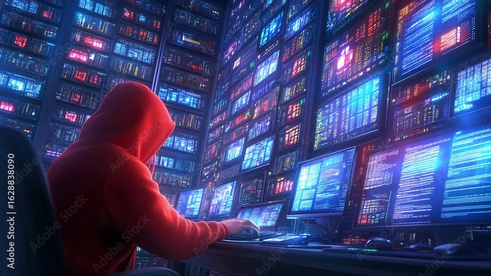Hooded individual operates advanced computer system with multiple ...