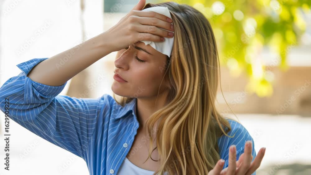 Heat stroke. Young woman outdoor summer heat sweating tissue sunstroke ...