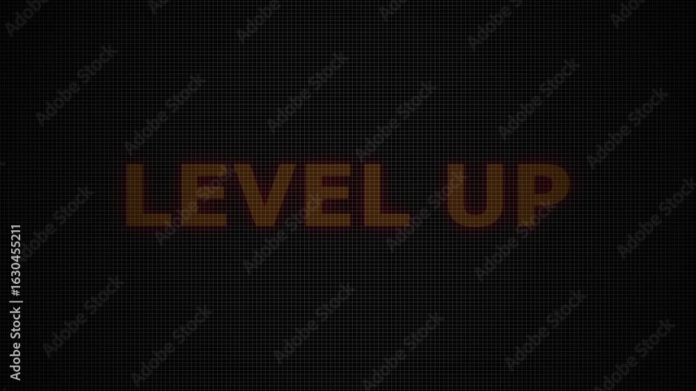Level Up text message appear on old display. Pixelated text animated on ...