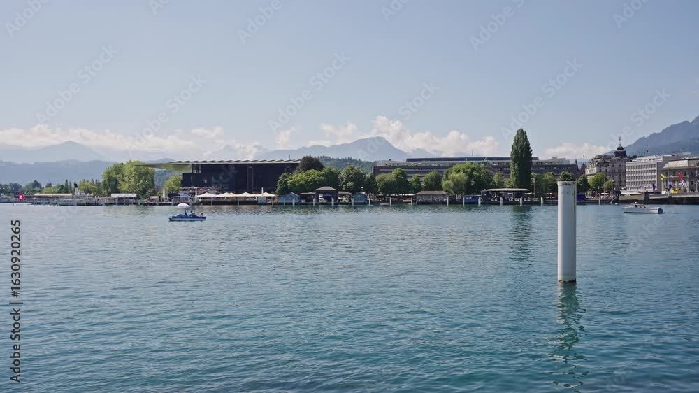 Lake Lucerne Waterfront with Boats and Modern Architecture – July 2025 ...