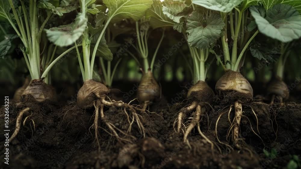 A group of root vegetables growing out of the ground Stock Video ...