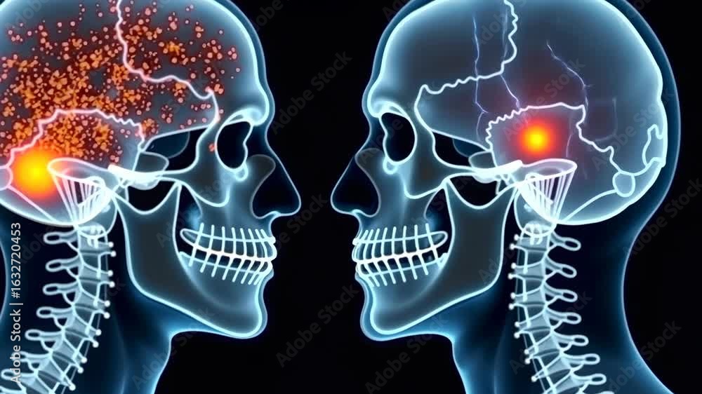 Bones broken, skull fracture, pain focus. Medical rendering. Visual ...