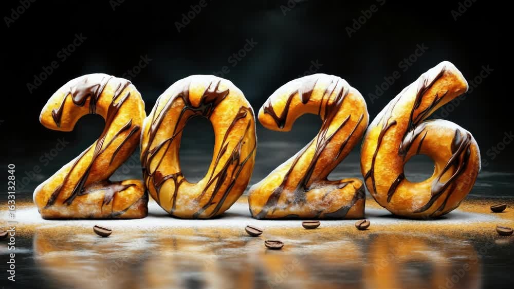 Glazed pastry numbers 2026 with chocolate drizzle and coffee beans on ...
