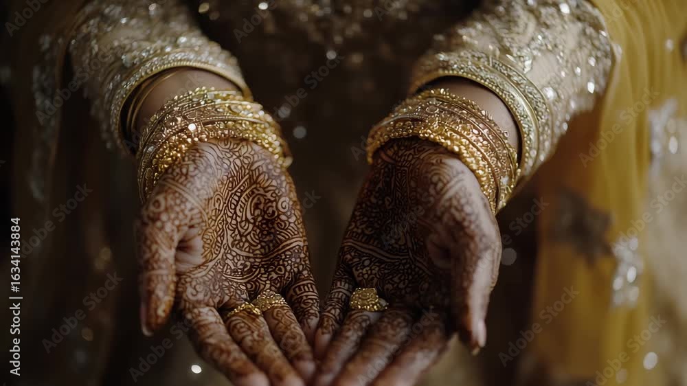 Hands display detailed henna artistry and gold bangles in a traditional ...