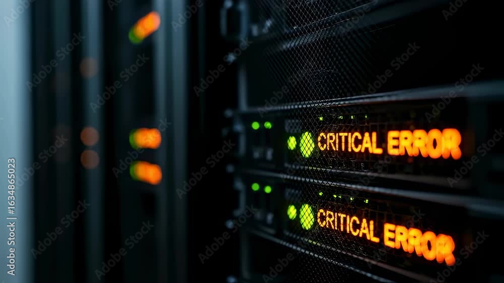 Server rack displays critical error message on screen with blinking ...