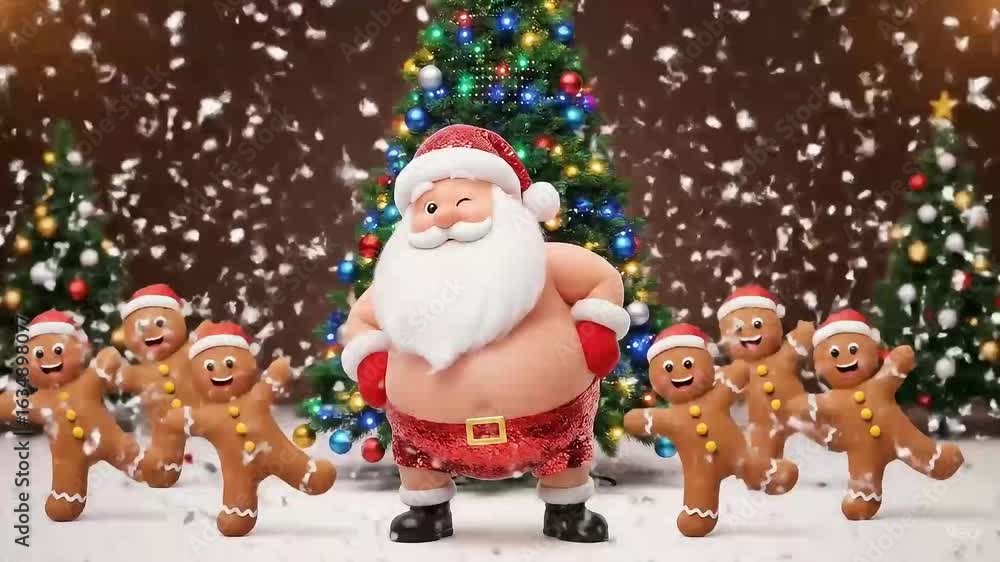 Sparkly Santa dancing in speedos beside giant LED tree and gingerbread ...