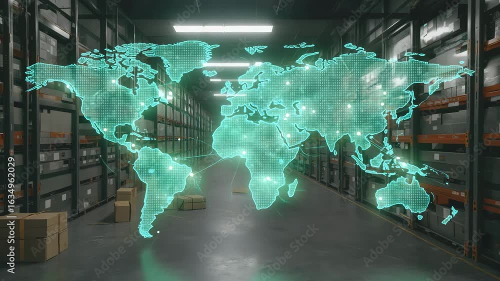 A digital world map with linked points overlays a warehouse backdrop ...