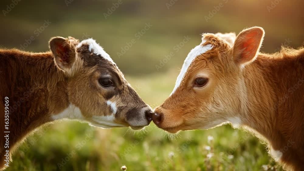 Two young calves, brown and tan with white markings, nuzzle noses ...