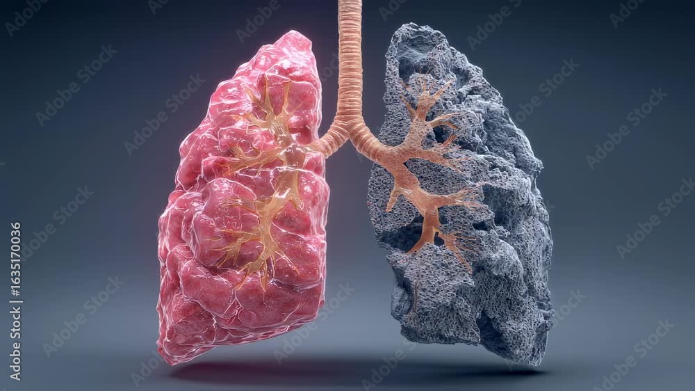 Diagrammatic animation comparing healthy lung tissue with grey fibrotic ...