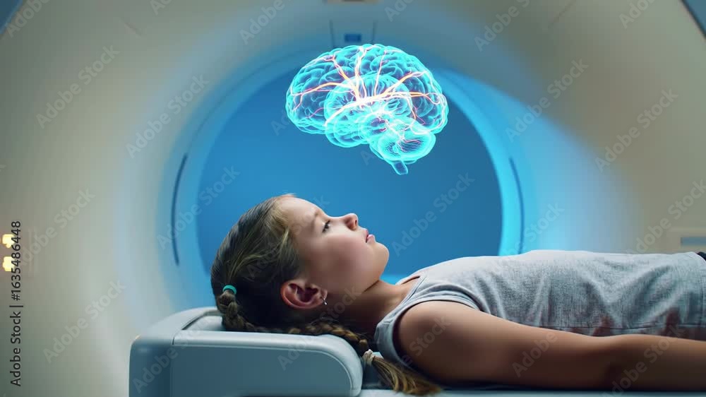 Girl Child Lying in MRI Scanner with Digital Brain Hologram Above Head ...