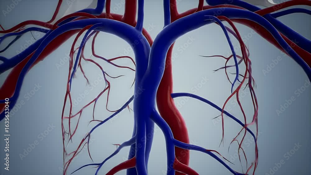 Dynamic 3D animation of human circulatory system with red arteries and ...