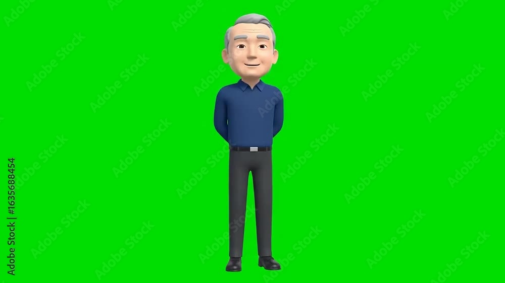 Cartoon of an elderly man with gray hair wearing blue stands with hands ...