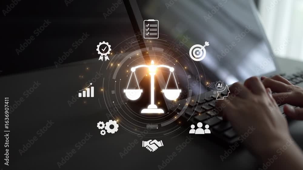 Futuristic digital law interface displaying justice scale, highlighting ...