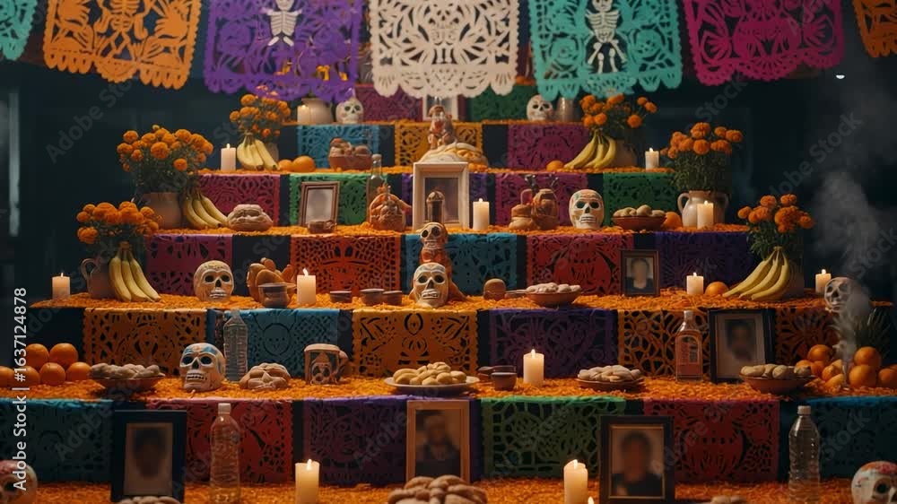Traditional Día de los Muertos Ofrenda. Colorful Altar with Skulls ...