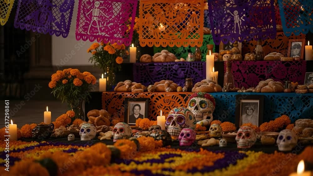 Traditional Day of the Dead altar with sugar skulls and marigolds ...