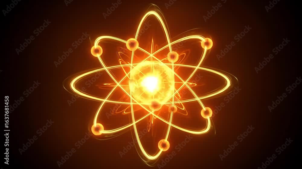 Glowing Atomic Model with Orange Orbitals Displaying Nuclear Energy ...