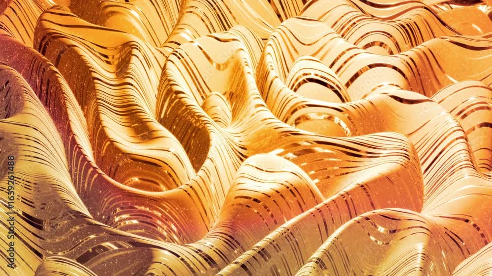 Looped abstract background with wavy sparkling golden liquid pattern on ...