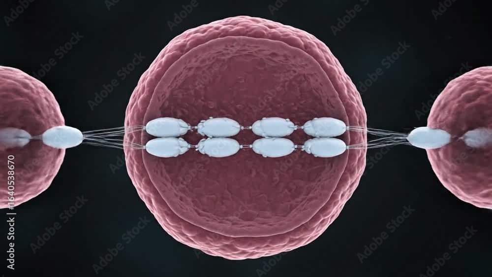 A cinematic 3D animation of a cell undergoing mitosis, dividing into ...