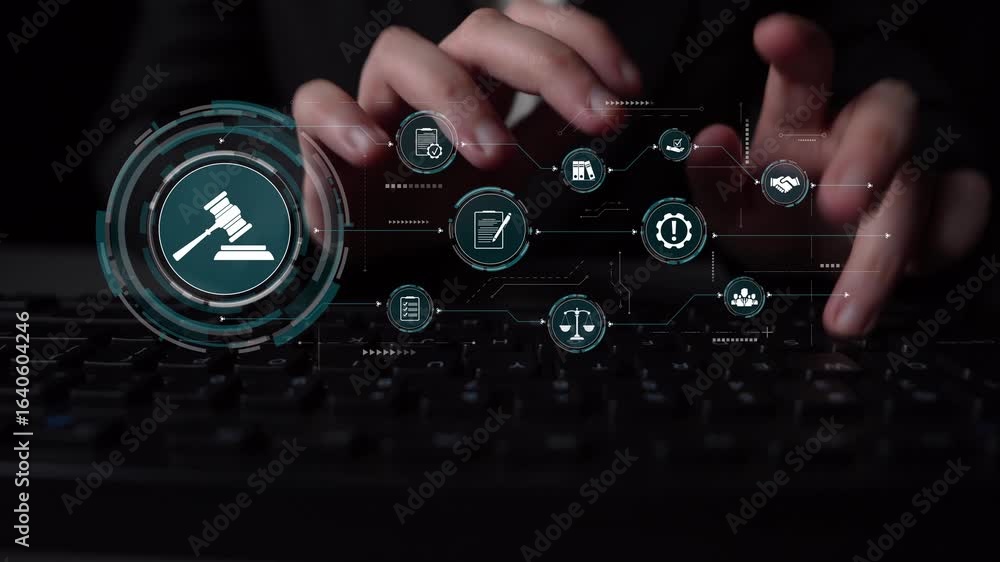 Futuristic digital law interface displaying justice scale, highlighting ...