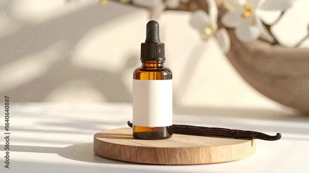 Amber dropper bottle with a blank label for a cosmetic serum or vanilla ...