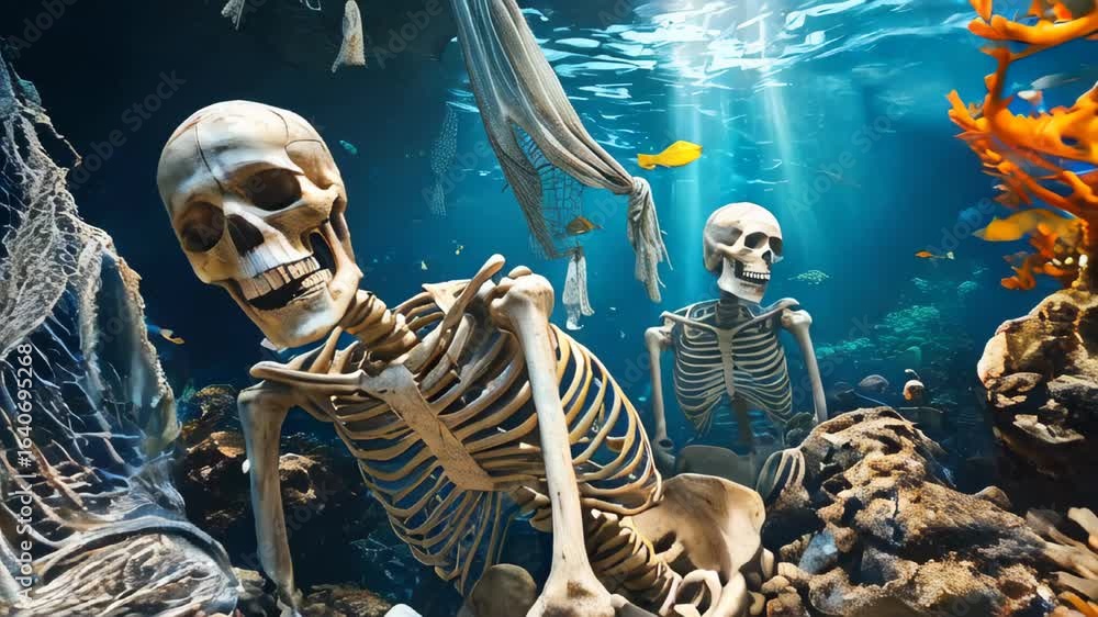 Underwater scene featuring skeletons amidst a vibrant coral reef full ...