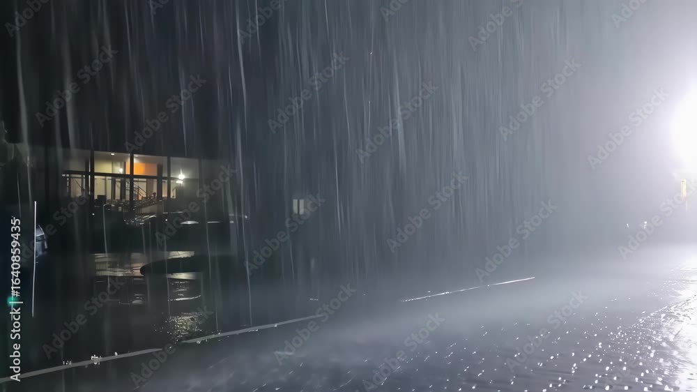 Torrential rain at night obscures a building's interior, visible ...