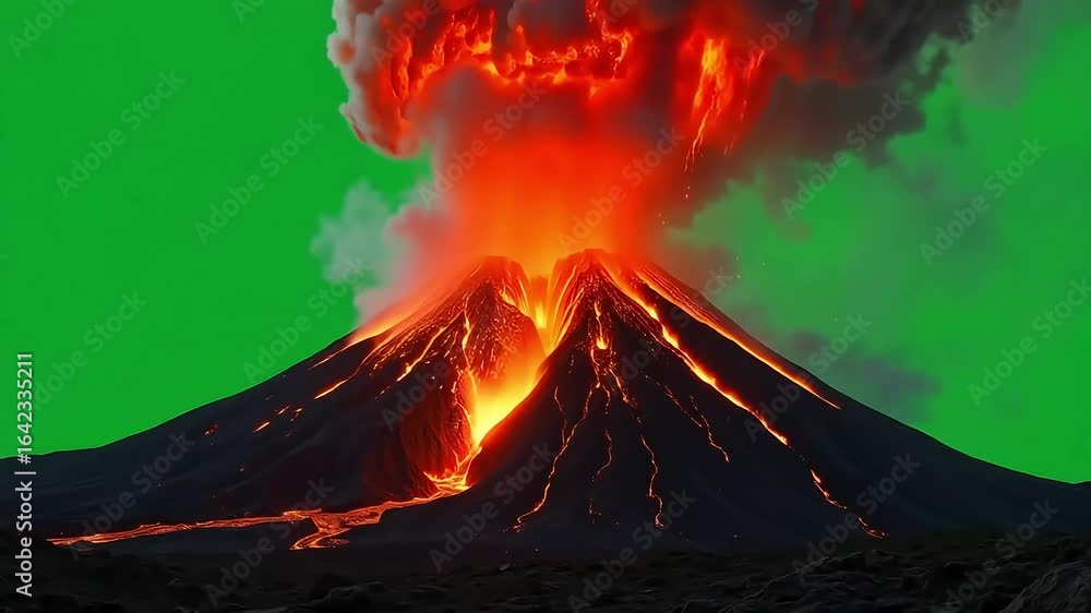 Dynamic volcano erupting with molten lava and smoke on green screen ...