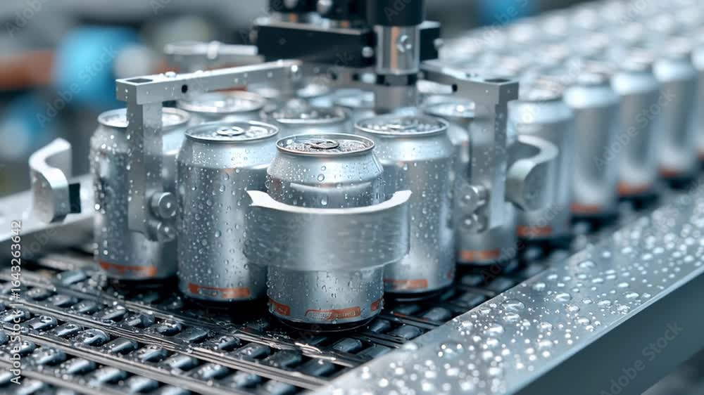Canned beverages on automated assembly line in modern production ...