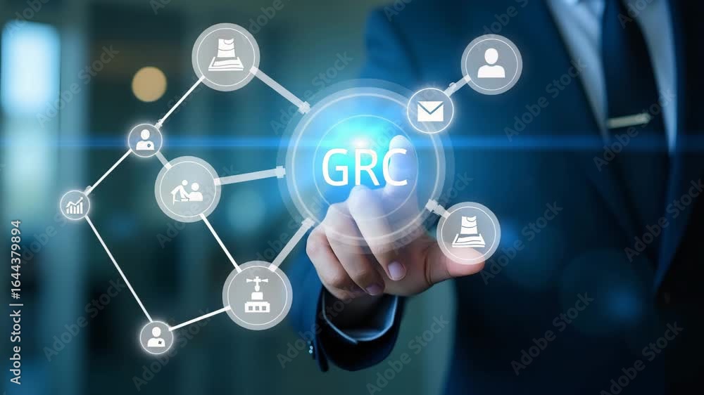 Businessman Engaging with GRC Icons on Digital Interface: Governance ...