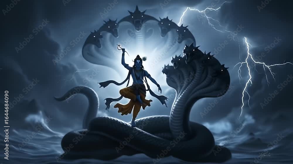 lord krishna dancing on kaliya serpent during storm Stock Video | Adobe ...