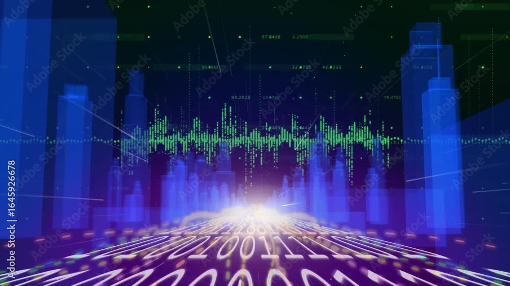 Binary digits scrolling on binary plane, bars rising, waveform pulsing ...
