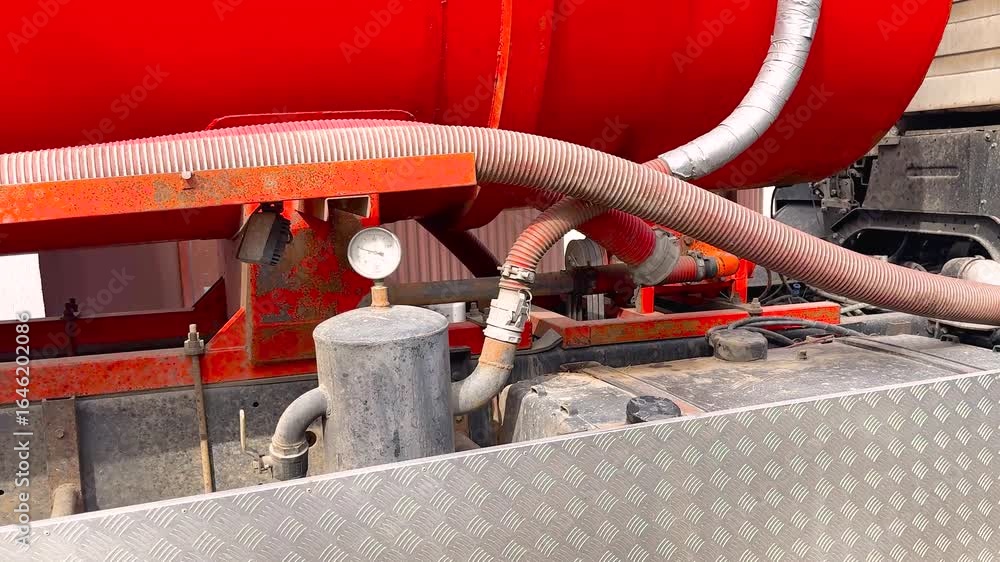 Sewage Tank truck. Sewer pumping machine. Red Septic truck. Pumping out ...