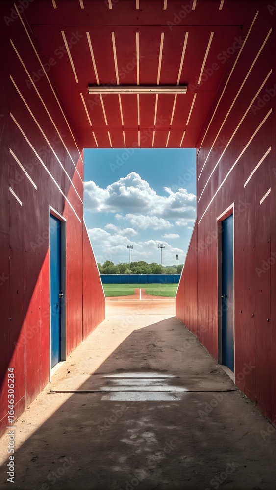 Baseball field view from dugout hallway with red walls and blue sky ...