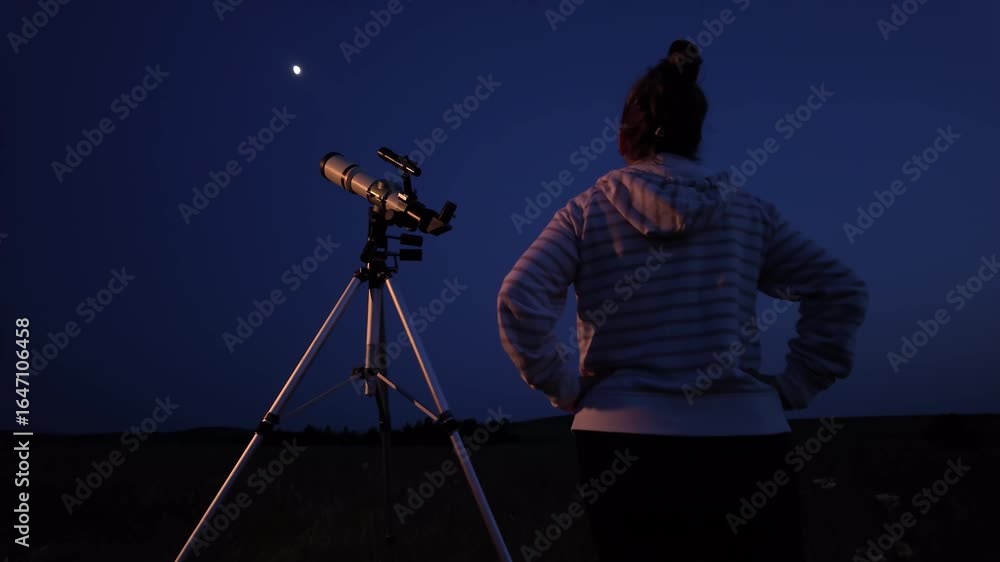 Amateur astronomer using telescope for watching stars, Moon, planets ...