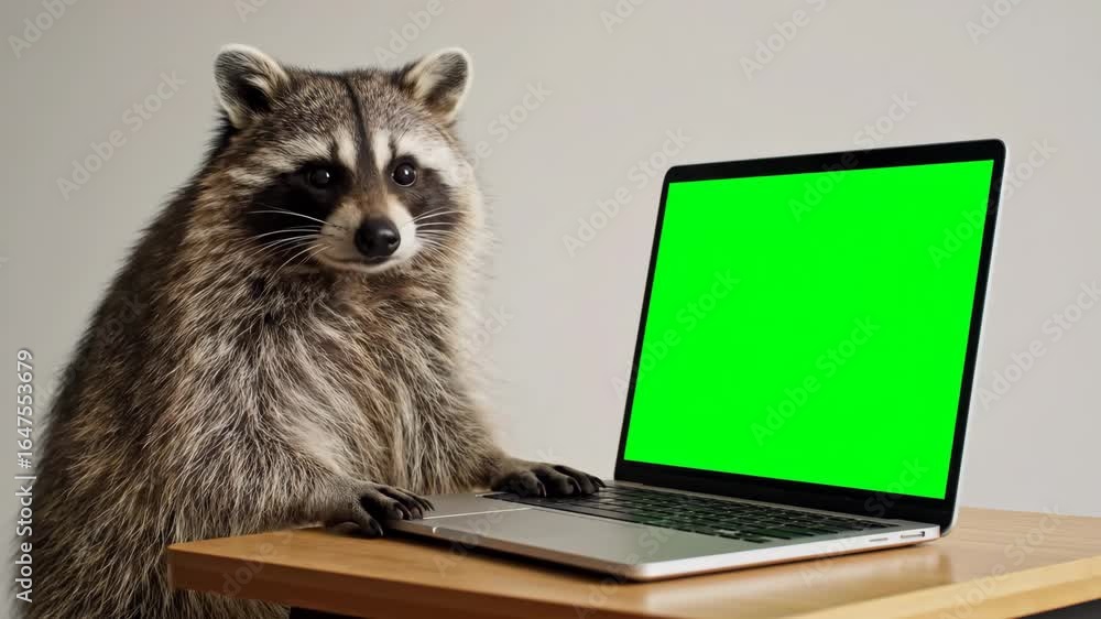 Raccoon Using Laptop with Green Screen - A curious raccoon sits at a ...