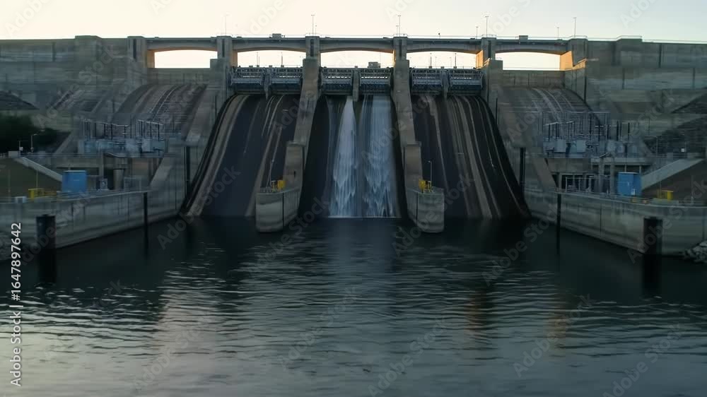 Massive concrete dam releases powerful water flow down spillway ...