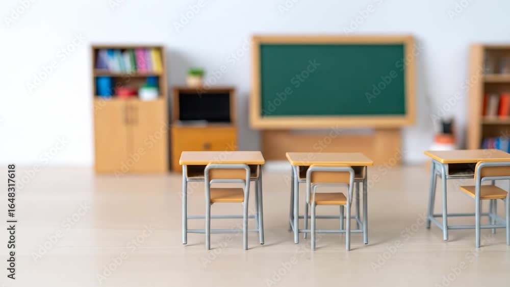 Bright Classroom Interior with Three Wood Desks Green Chalkboard and ...