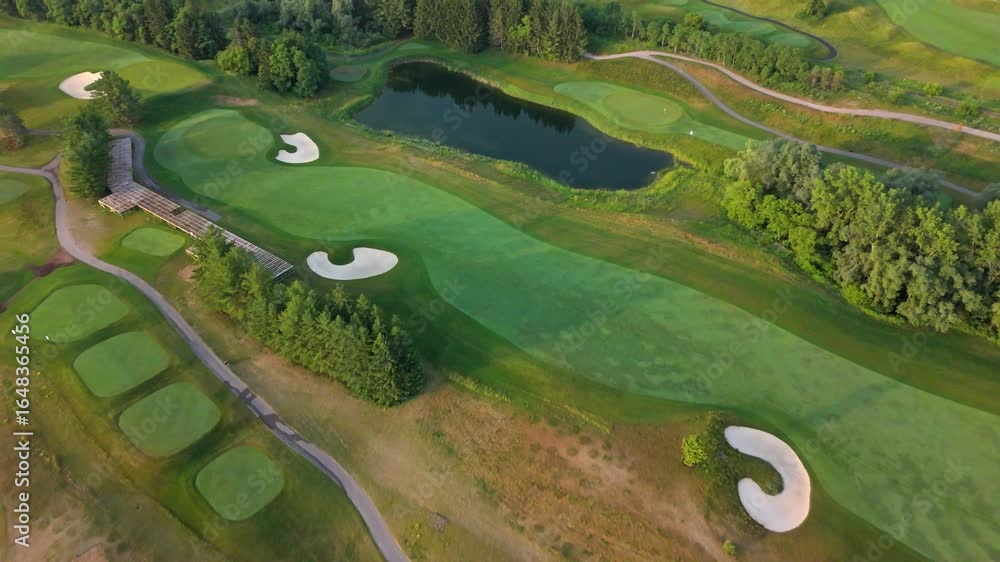 Drone over golf course fairways and sand bunkers at Osprey Valley in ...